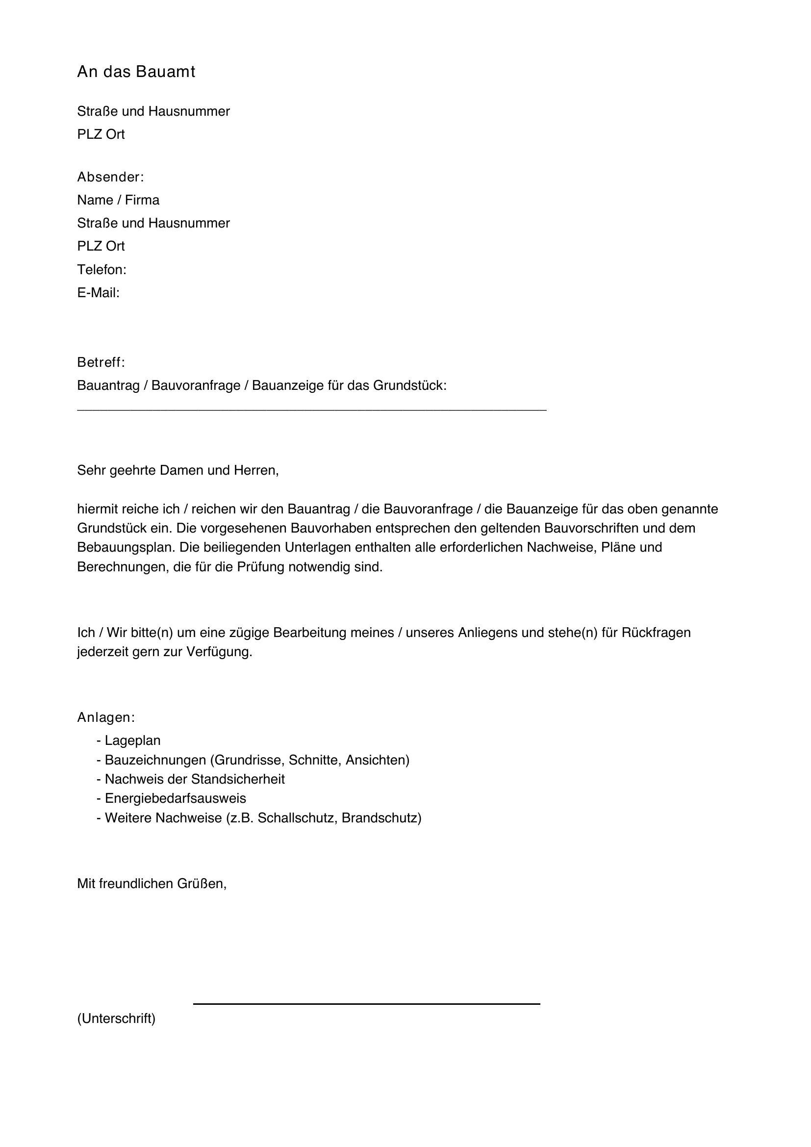 Anzeige Bauamt Musterbrief