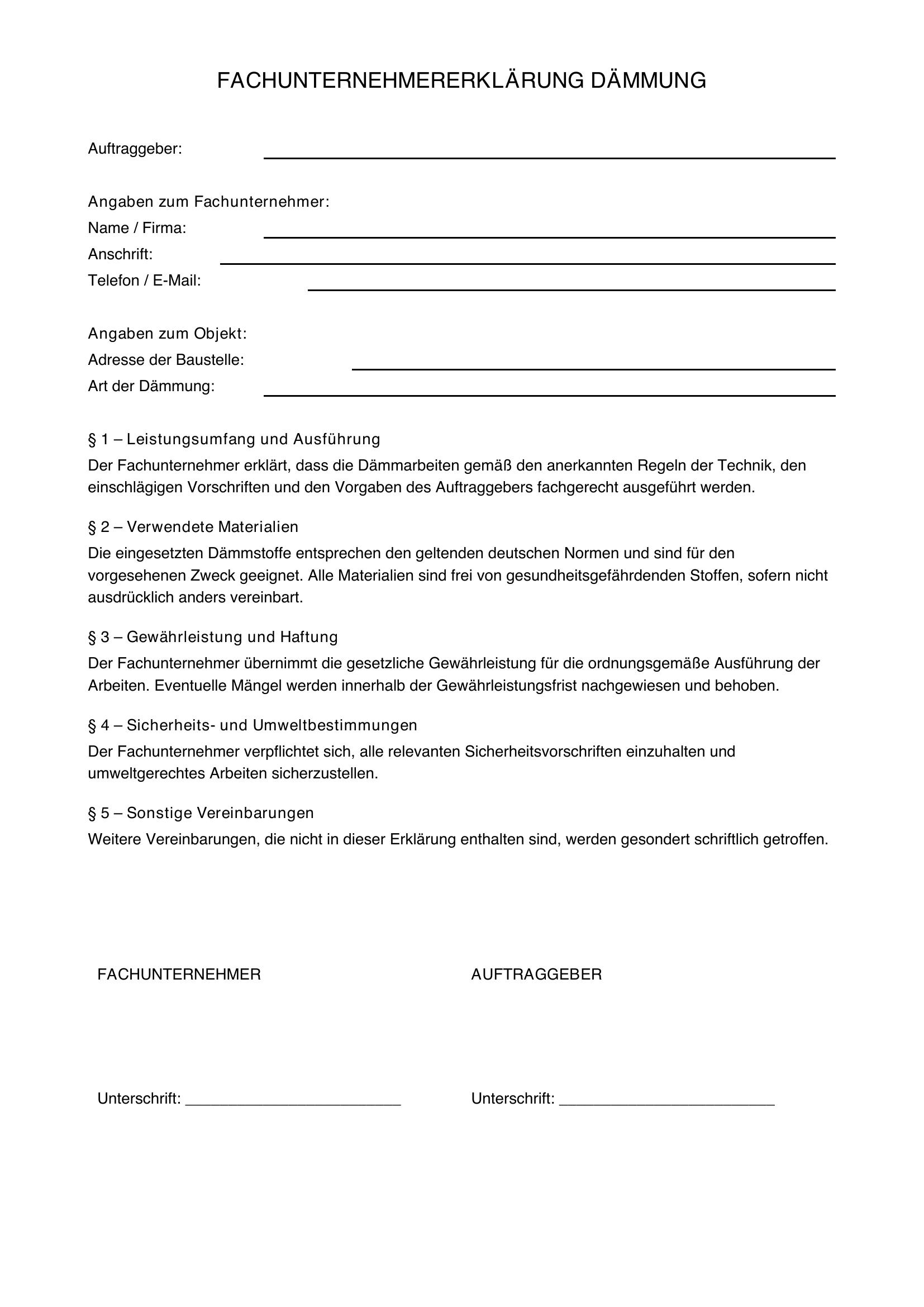 Fachunternehmererklarung Muster Pdf