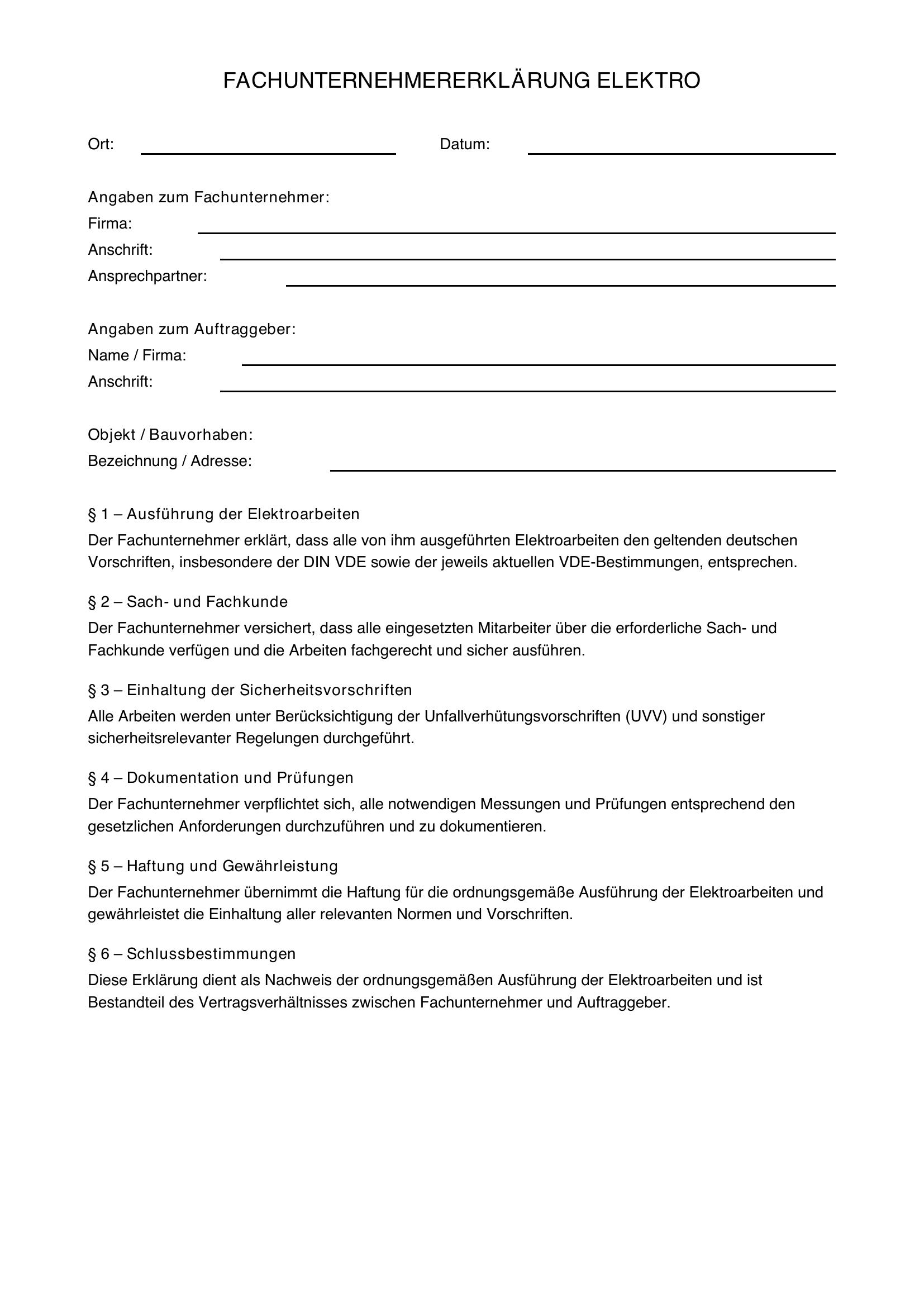 Fachunternehmererklarung Muster Pdf